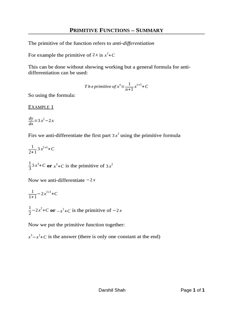 Maths 2U Notes-Primitive Functions | PDF