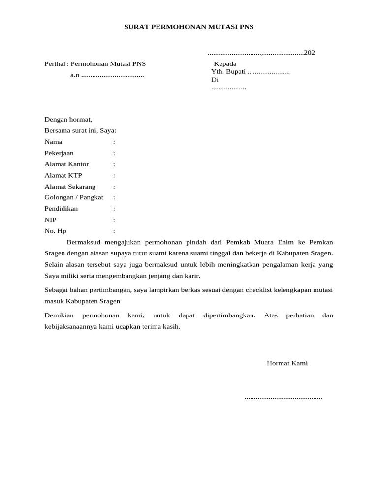Surat Permohonan Mutasi Pns | PDF