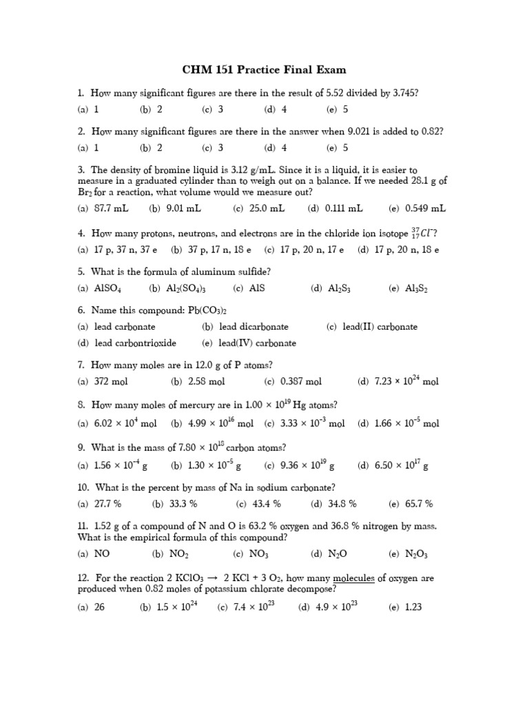 CHM 151 Practice Final | PDF