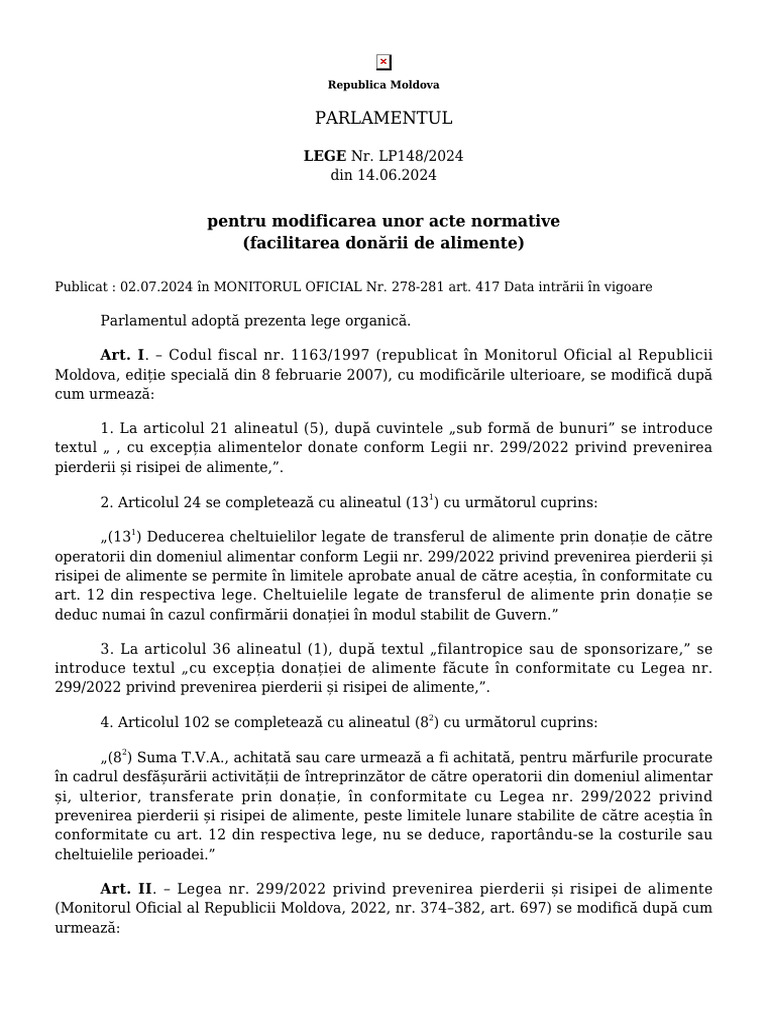 Pentru Modificarea Unor Acte Normative (Facilitarea Donării de Alimente) | PDF