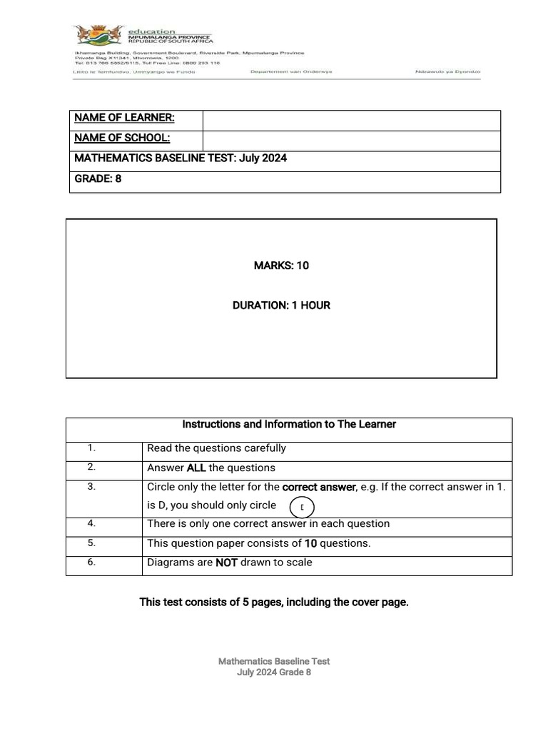 Grade 8 Term 3 Maths Baseline Test | PDF