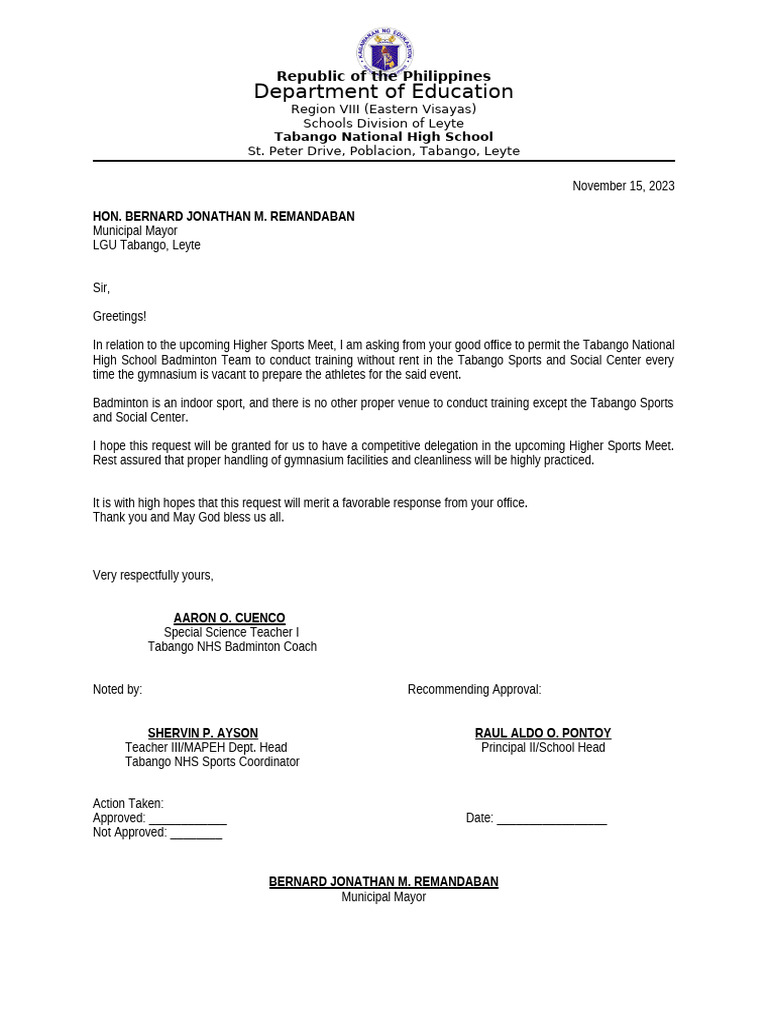 Letter Request For Use of Gymnasium For Badminton Training | PDF