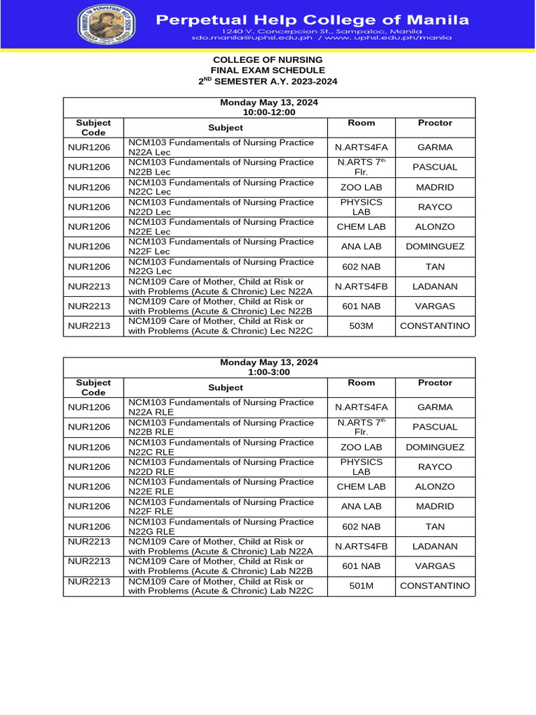 Final Exam Sched 2ND Sem 2023 2024 | PDF