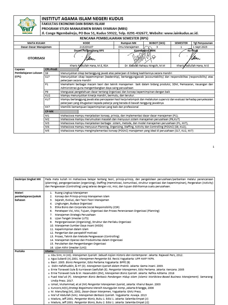 RPS Dasar Dasar Manajemen Prodi MBS Tahun 2023 | PDF