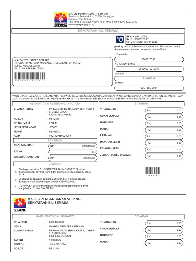 Majlis Perbandaran Sepang - e Billing Statement | PDF