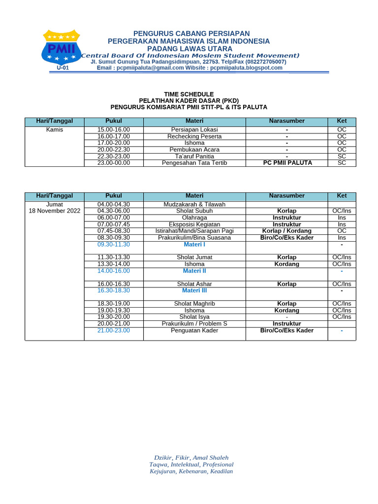 Time Schedule PKD (PC PMII Paluta) | PDF