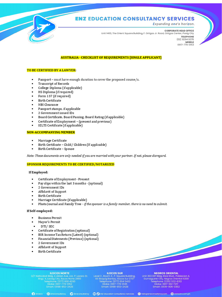 Australia - Checklist of Requirements (Single Applicant) | PDF