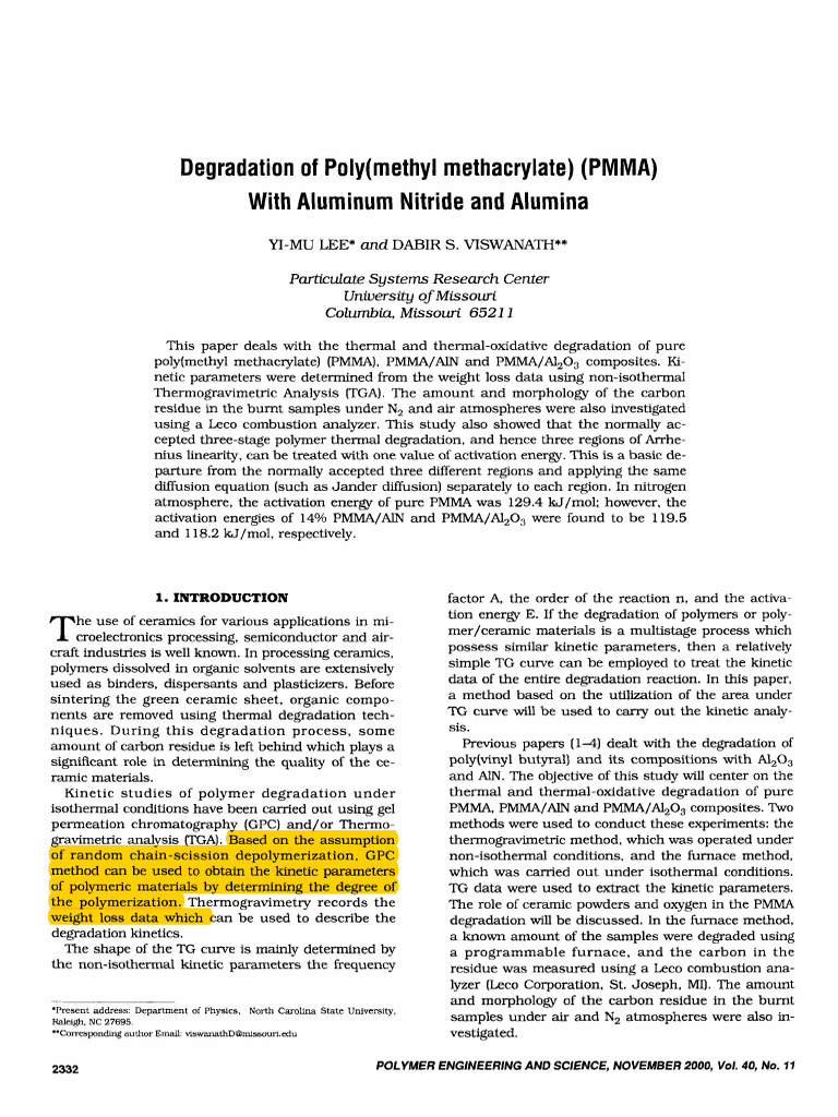 Degradation of Poly(methy1 methacrylate) (PMMA) with aluminium nitride ...