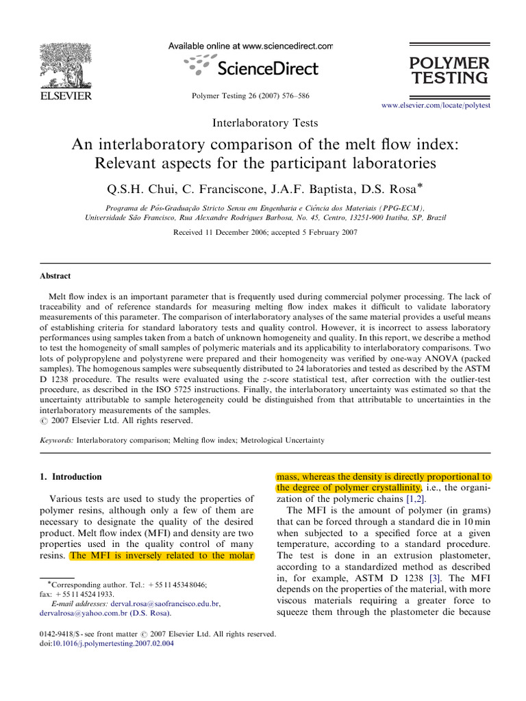 An interlaboratory comparison of the melt flow index | PDF