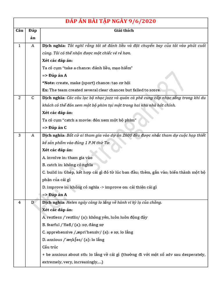 Đáp Án Bài Tập Ngày 9/6/2020 | PDF
