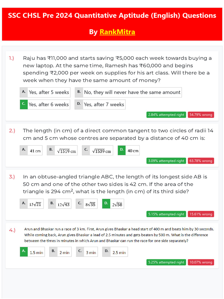 SSC CHSL Pre 2024 Quantitative Aptitude English Questions by RankMitra | PDF