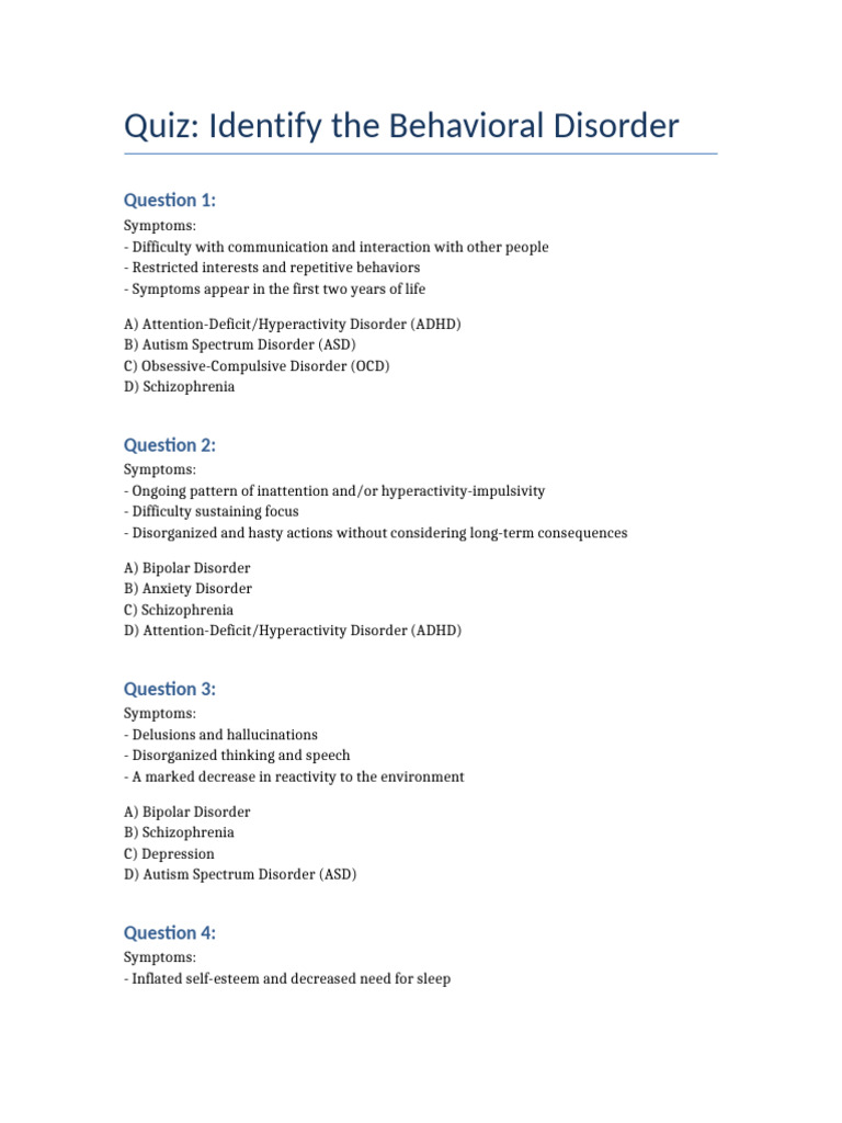 Behavioral Disorder Quiz | PDF