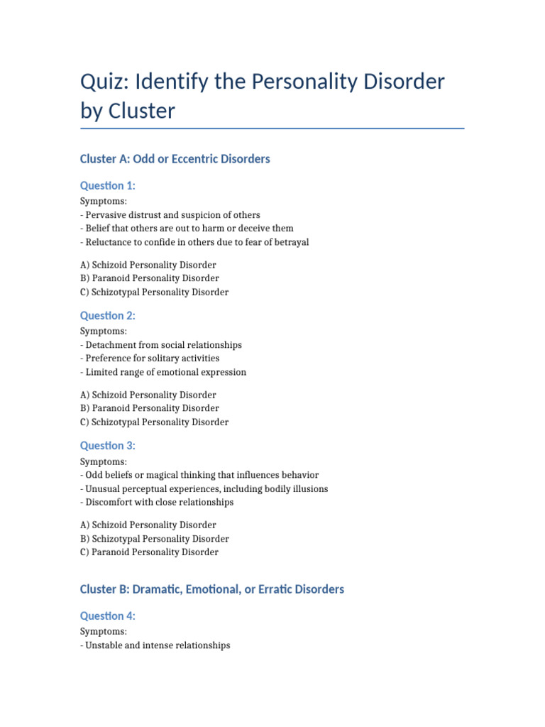 Personality Disorder Quiz | PDF | Personality Disorder | Borderline ...