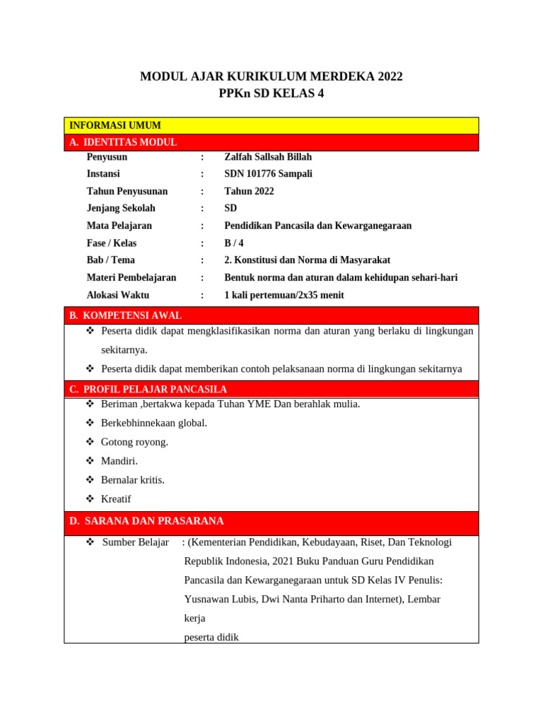 Modul Ajar PKN KLS 4 | PDF