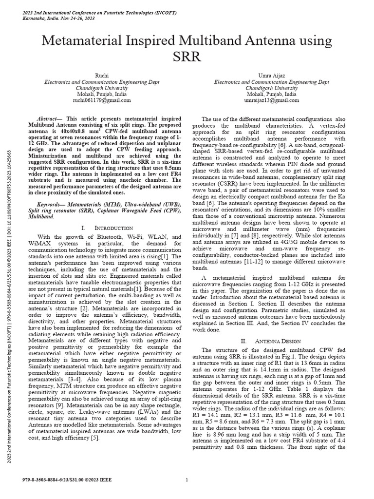 Metamaterial Inspired Multiband Antenna Using SRR | PDF
