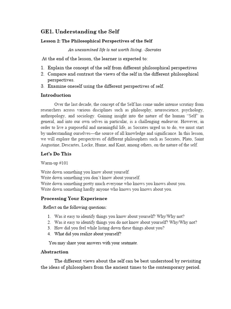 Chapter 1. Lesson 2.the Philosophical Perspectives of The Self | PDF ...