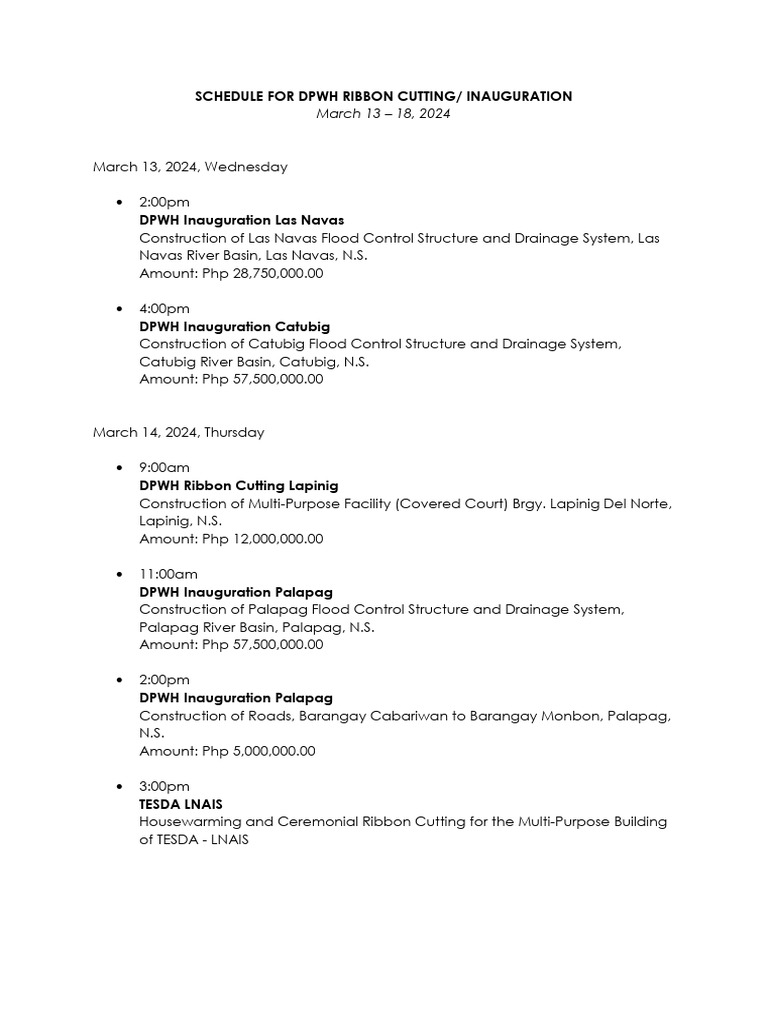 Schedule For DPWH of Northern Samar | PDF