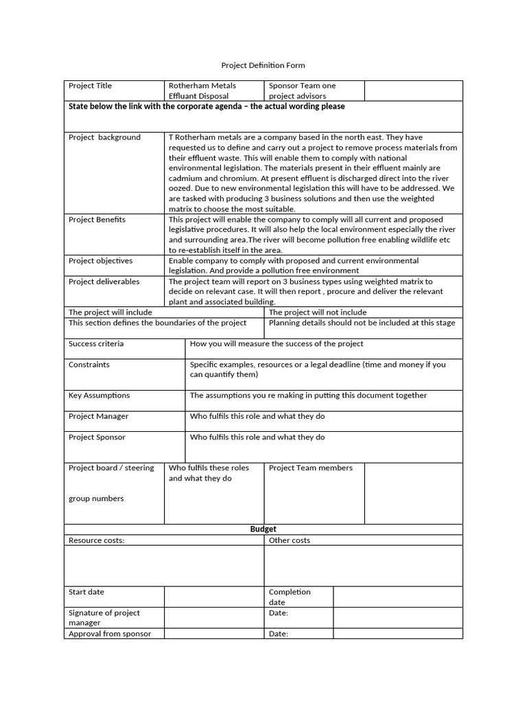 Project Definition Form | PDF Project Definition Form | PDF