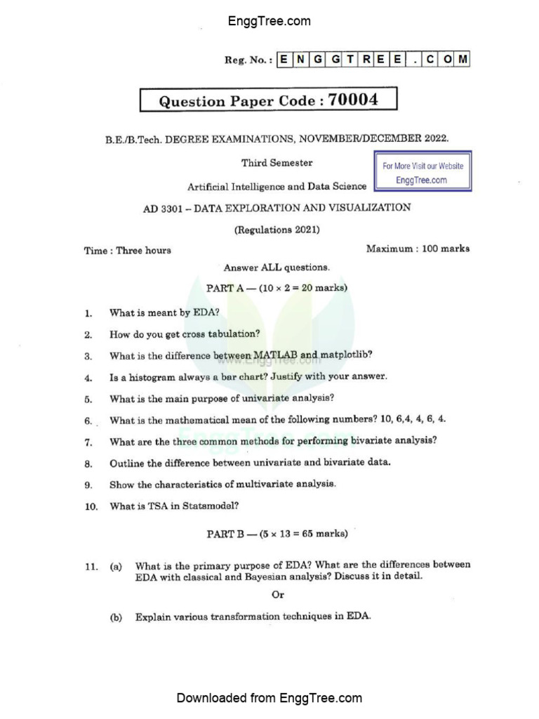 AD3301 Data Exploration and Visualization Nov Dec 2022 Question Paper Download | PDF