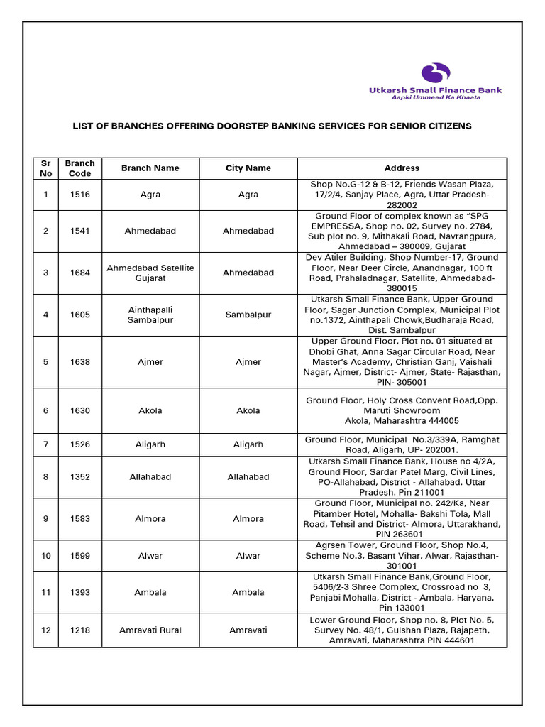 Doorstep Banking for Seniors: Branch List | PDF