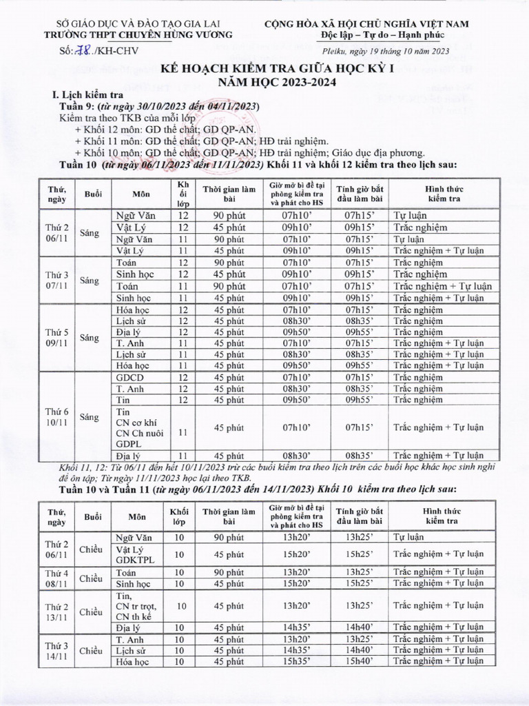 Ke Hoach Kiem Tra Giua Hoc Ky I Nam Hoc 2023-2024 | PDF