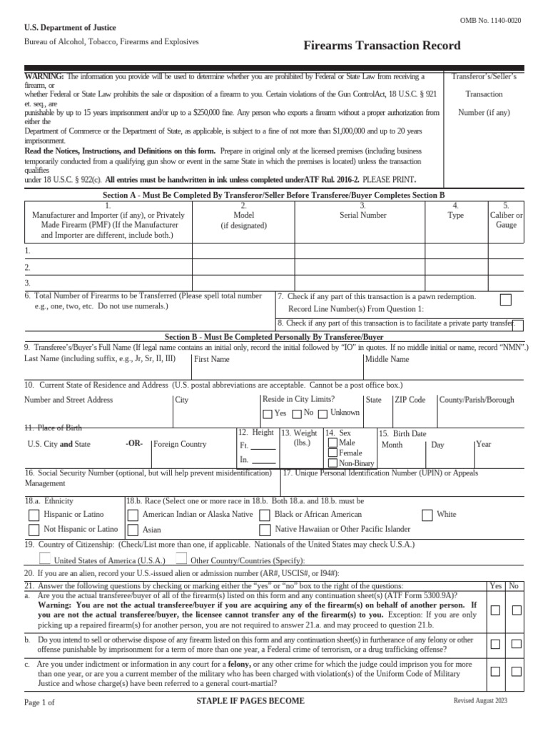 Firearms Transaction Record: OMB No. 1140-0020 | PDF