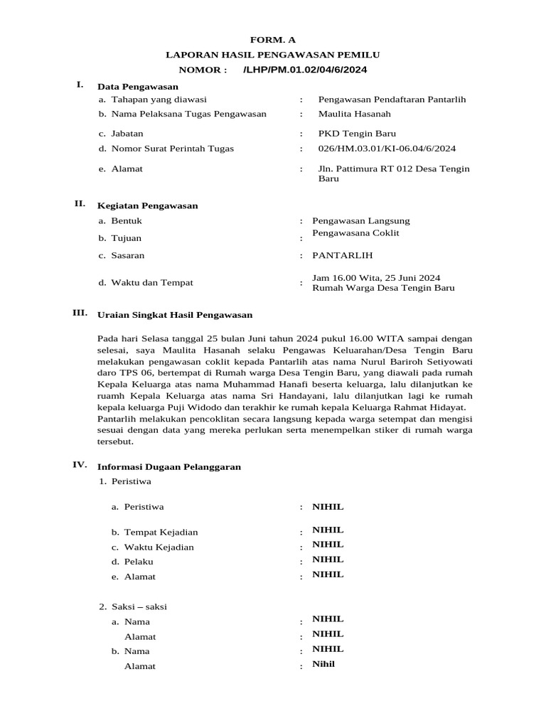 Form A Desa Tengin Baru 25 Juni 2024. | PDF