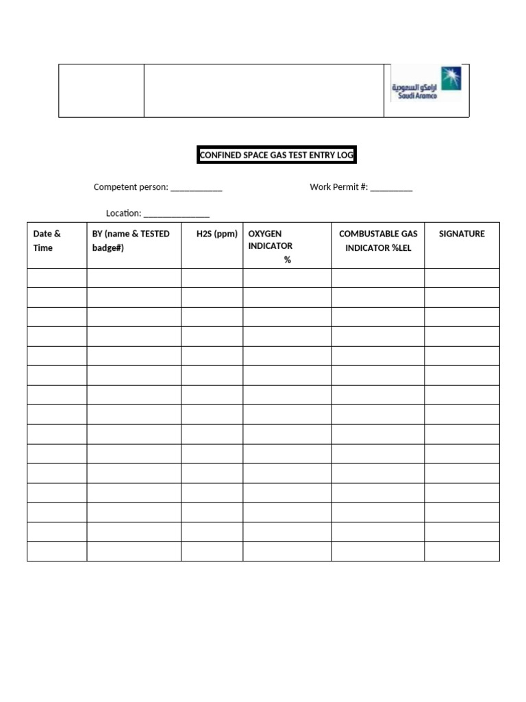 Confined Space Gas Test Log Sheet | PDF