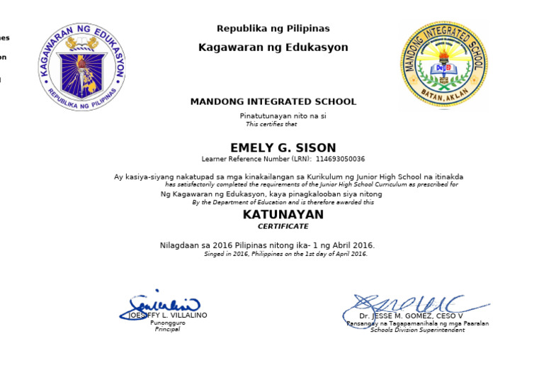 2020 Junior High School Certificate of Completion | PDF