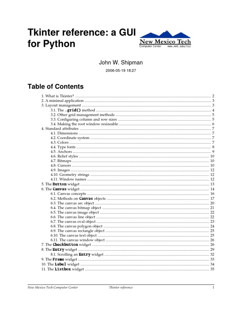 Tkinter Reference: A GUI For Python: John W. Shipman | PDF | Typefaces | Graphical User Interfaces