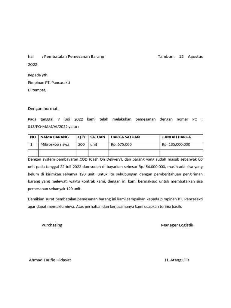 Surat Pembatalan Po | PDF