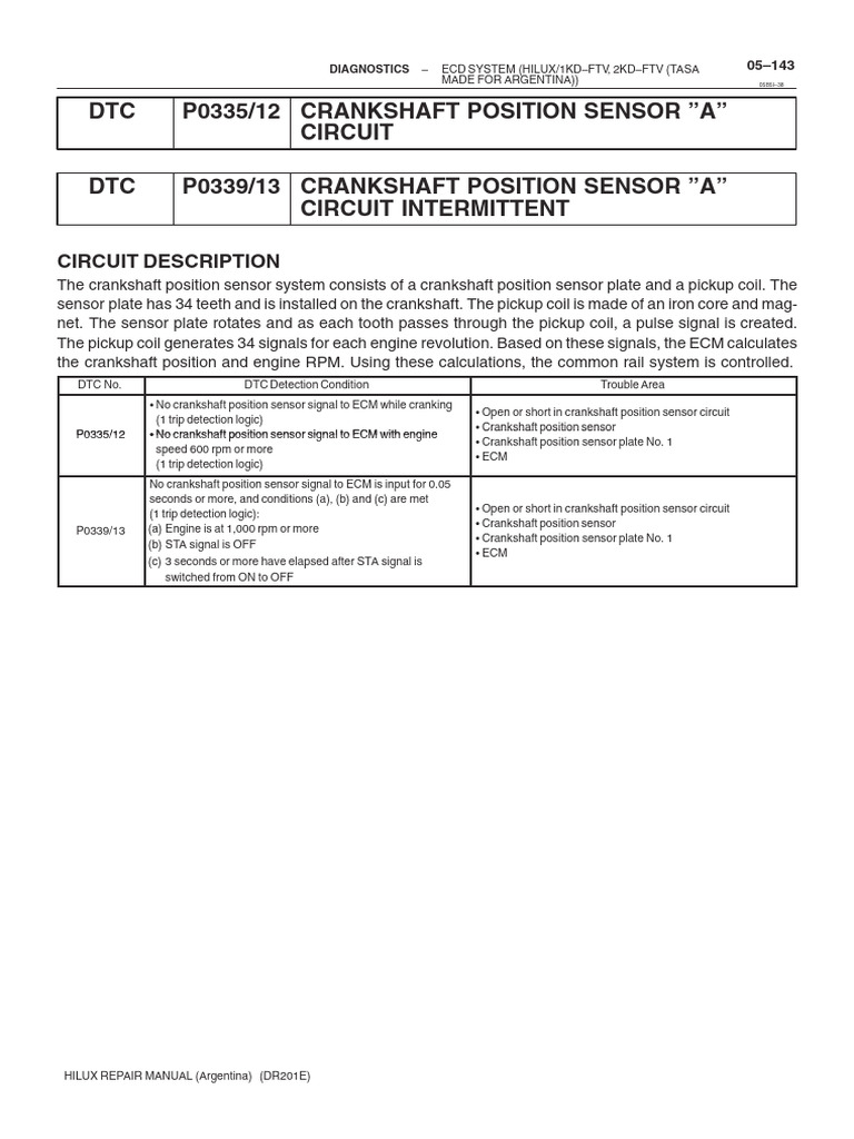 DTC P0335/12 Crankshaft Position Sensor "A" Circuit DTC P0339/13 Crankshaft Position Sensor "A ...