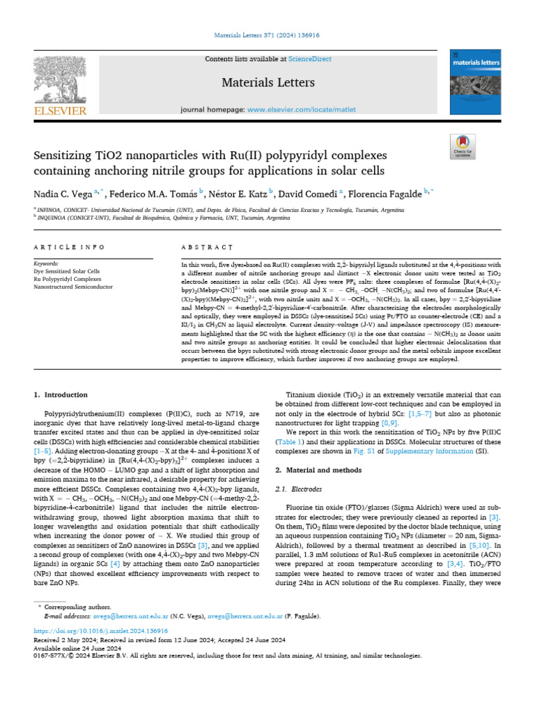 Sensitizing TiO2 Nanoparticles With Ru II Polypyridyl Complexe - 2024 - Materia | PDF