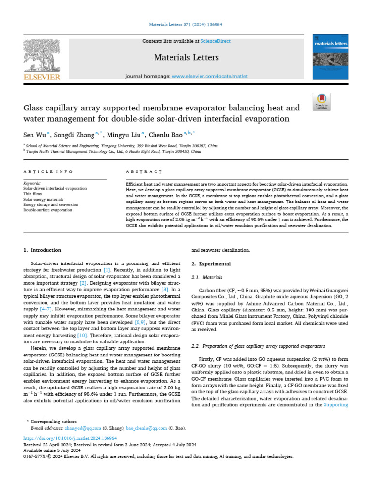 Glass Capillary Array Supported Membrane Evaporator Balancing H - 2024 ...