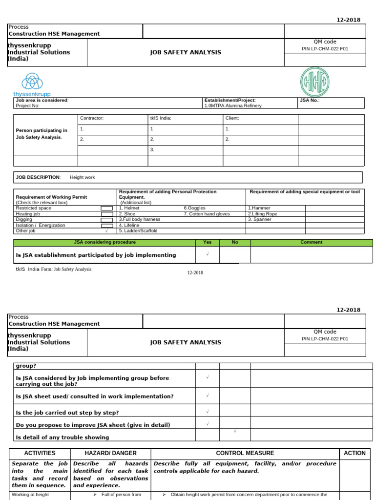 11.JSA For Height Work | PDF