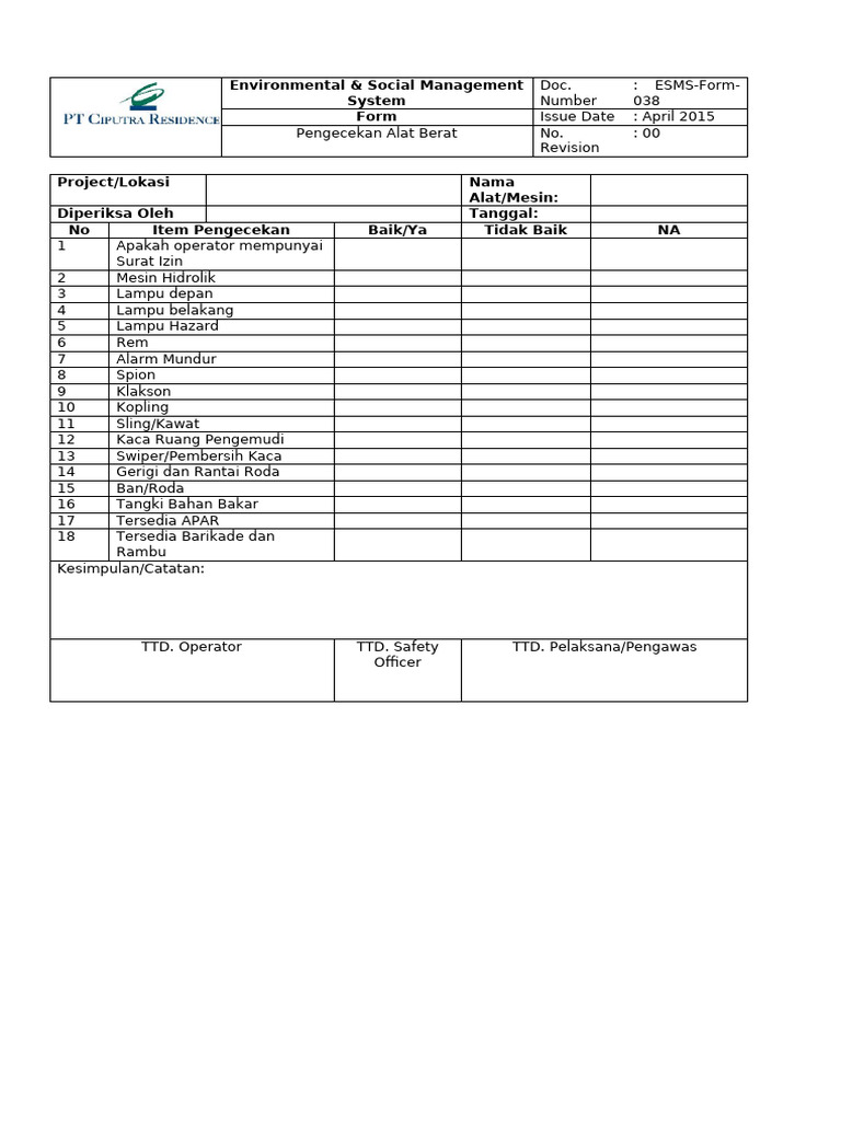 ESMS-ForM-038-Checklist Pengecekan Alat Berat | PDF