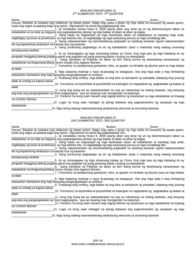 Araling Panlipunan 10 2nd Sum q3 | PDF