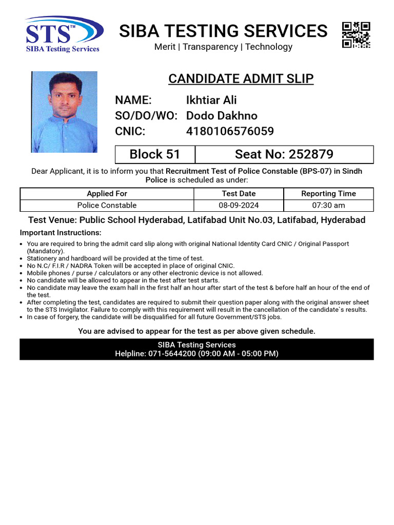 Siba Testing Services: Candidate Admit Slip | PDF
