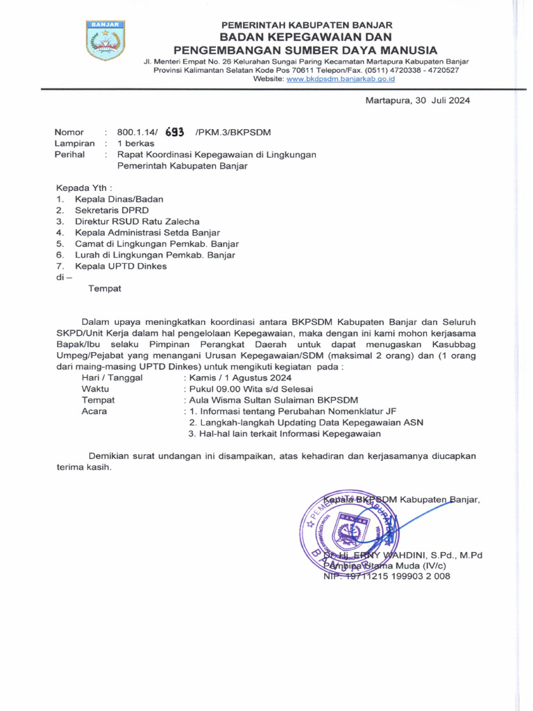 Undangan Rapat Koordinasi Kepegawaian - 1 Agustus 2024 | PDF