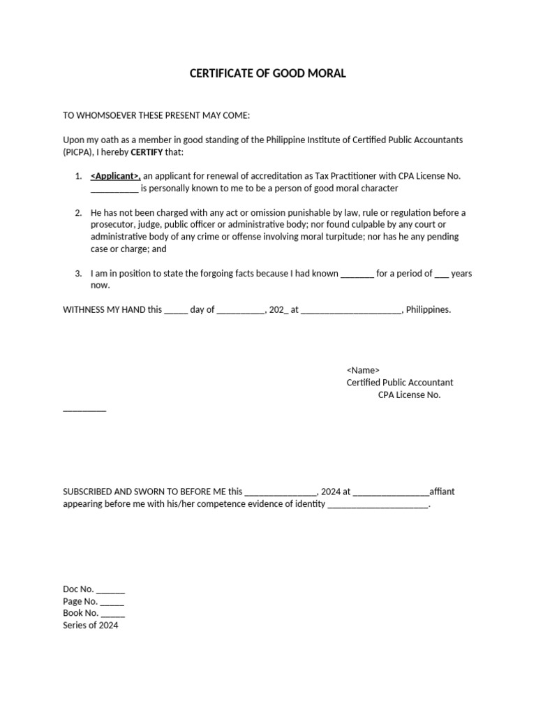 Certificate of Good Moral Character | PDF | Business | Finance & Money ...
