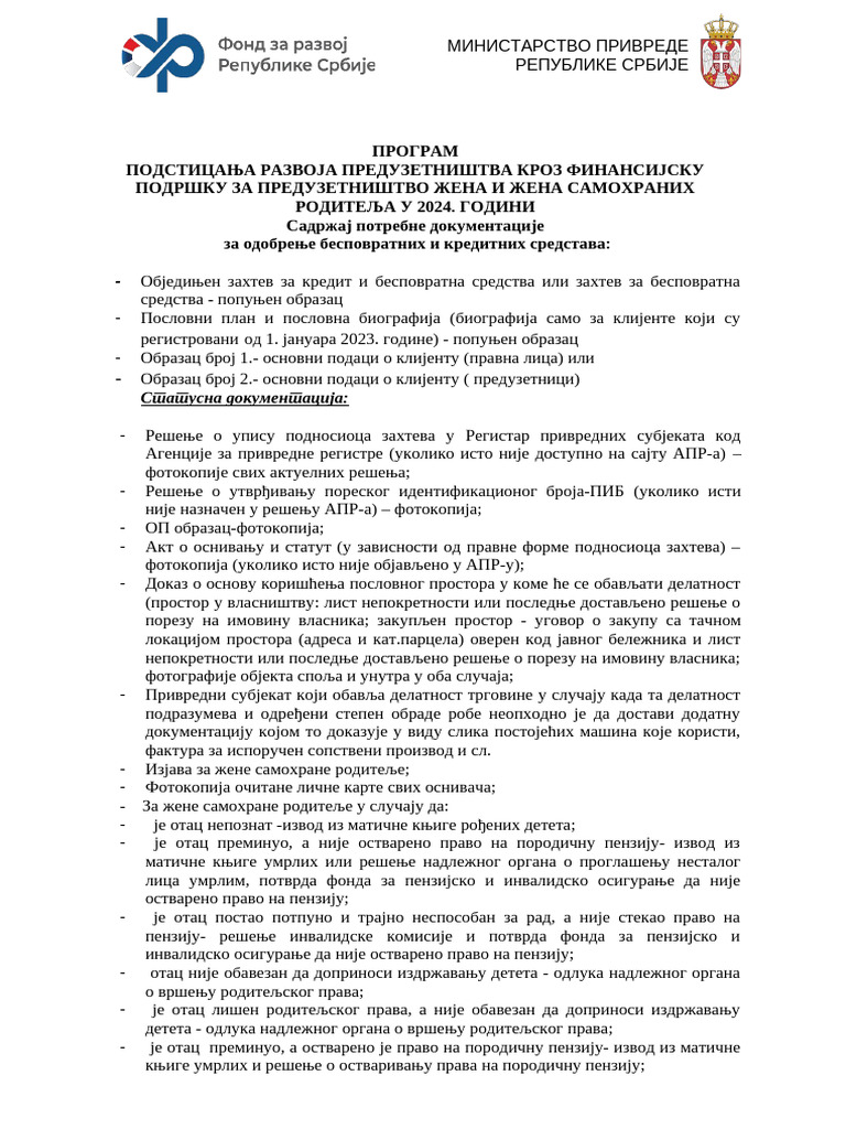 Žensko Preduzetništvo - SADRZAJ-POTREBNE-DOKUMENTACIJE-žene - 2024 | PDF