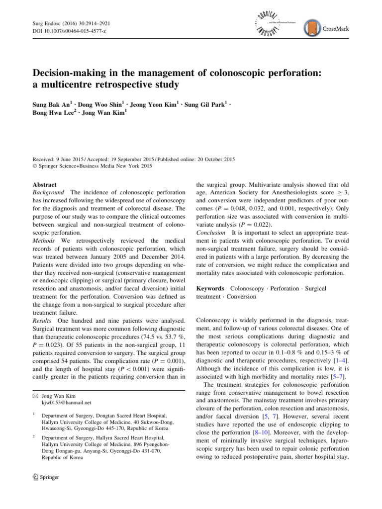 Decision Making in Management of Colonoscopic Perforations | PDF