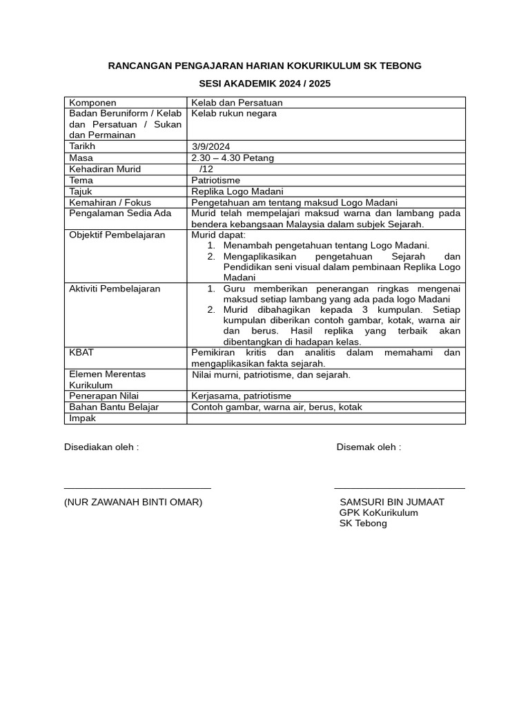 RPH Koku 3 Sep Kelab Rukun Negara | PDF