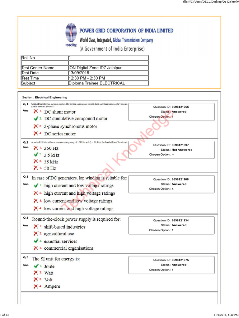 PGCIL ER-I Electrical Question Paper | PDF