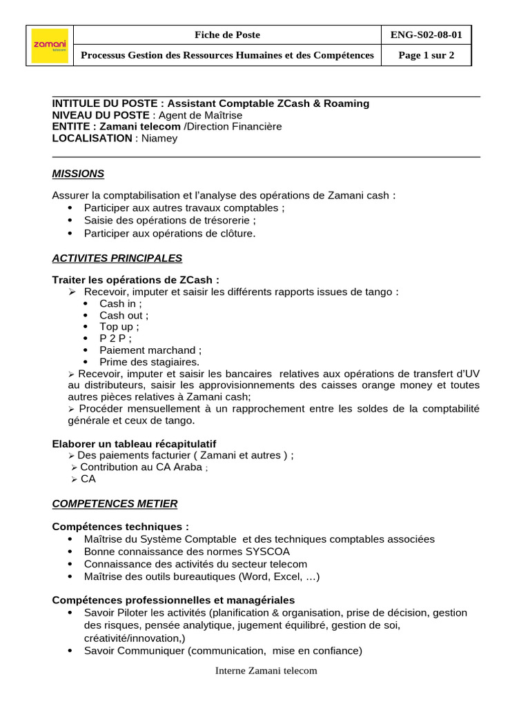 Fiche de Poste Assistant Comptable ZC Et Zoaming | PDF