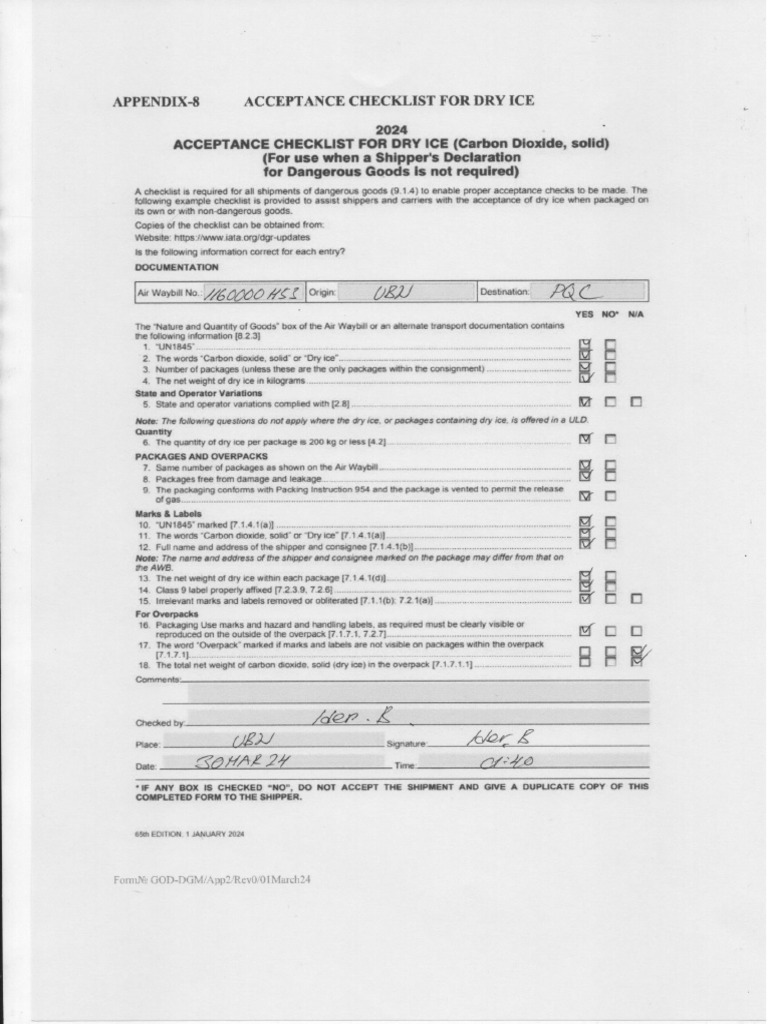 Acceptance Checklist For DRY ICE MG211 | PDF