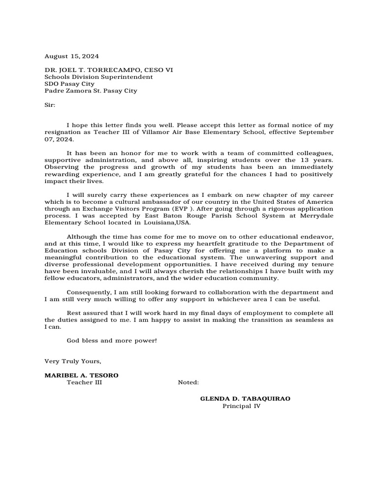 Letter of Intent For Resignation TESORO-MARIBEL | PDF