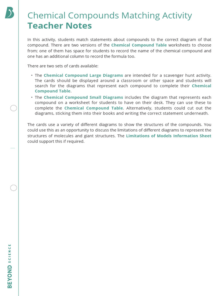 Chemical Compounds Matching Activity Teacher Notes | PDF