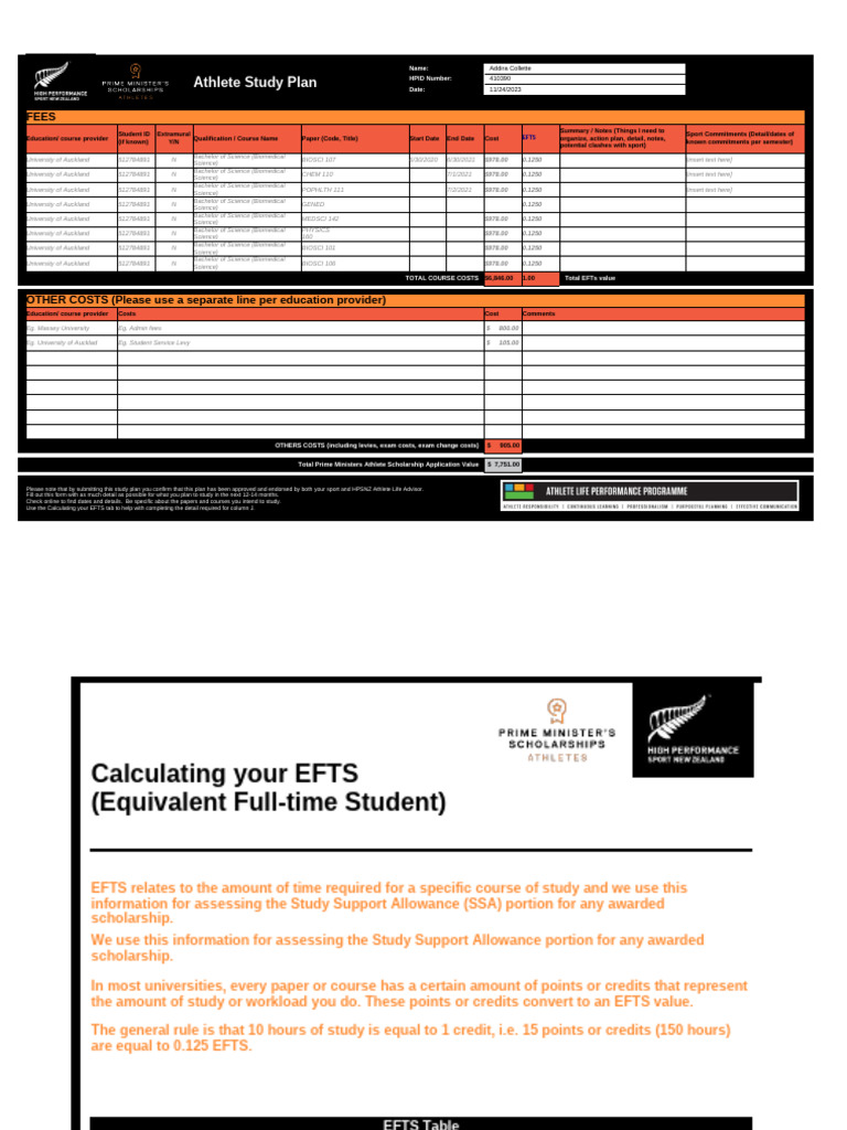 PMAS Athlete Study Plan Template 23 (2) 2 | PDF