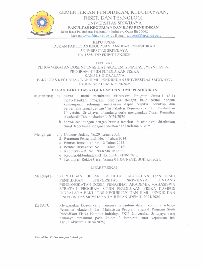 SK.1585 SK Pa Prodi Fisika Kampus Indralaya 2024-2025 | PDF